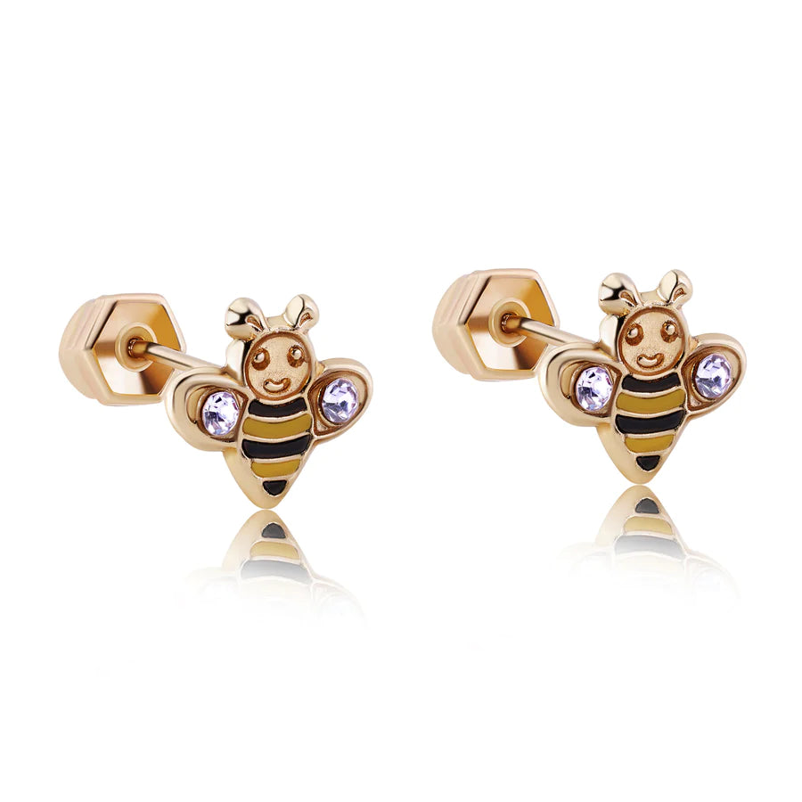 Bumble Bee Stud Earrings 14K Gold with Screw Back